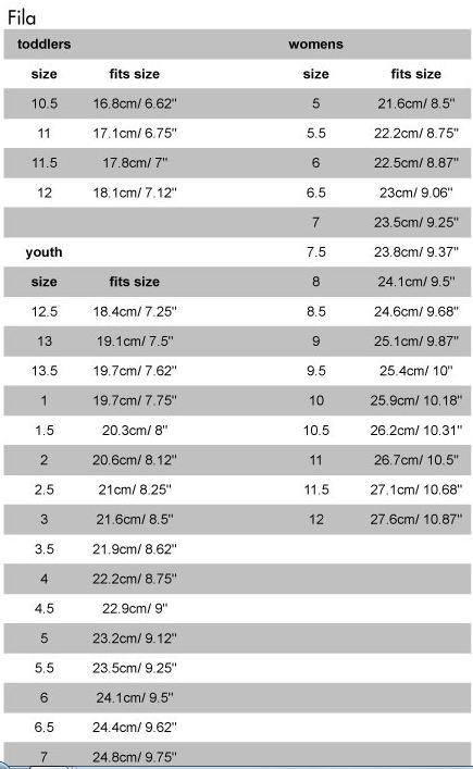 [Fila]필라 휠라 FILA 사이즈 표 Size Chart - FILA USA Size Chart : 네이버 블로그