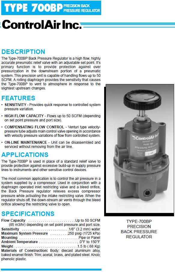ControlAir Type-700BP 컨트롤에어 레귤레이터 Precision Back Pressure Regulator ...