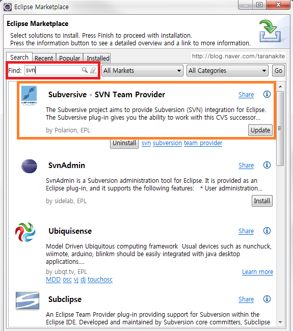 [Eclipse] svn 설치 - Subversive (SVN Tema Provider) ::: 2012.03.20 수정 : 네이버 블로그