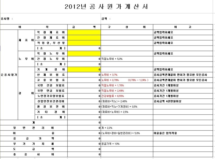 2012년 공사원가계산서 양식 참조 네이버 블로그