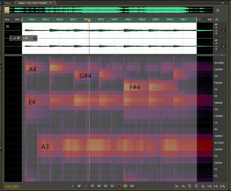 Adobe Audition을 활용한 가요 노래 코드 분석, 음 높이, 음정 분석, Spectral Pitch Display ...