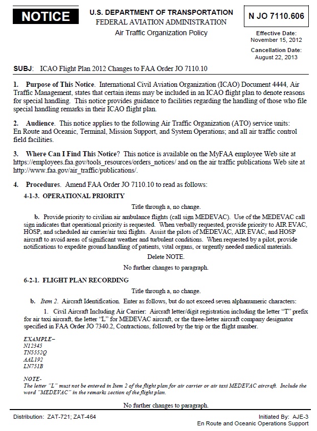 미국 Order 7110.10 일부 개정, ICAO Doc 4444 개정에 따른 비행우선권, 호출부로 약어 관련 : 네이버 블로그