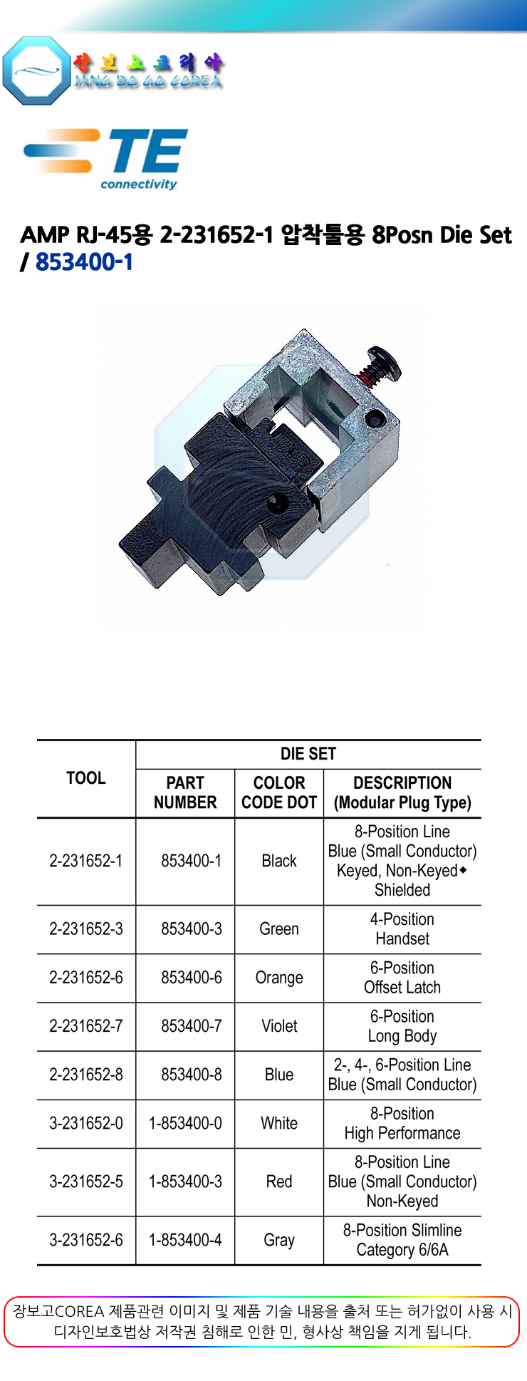 [TE] AMP RJ-45용 2-231652-1 압착툴용 8Posn Die Set / 853400-1 : 네이버 블로그