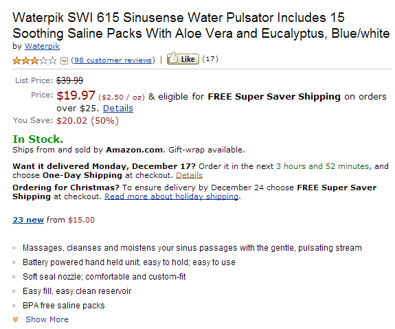 [Amazon] 비염, 알레르기 있으신 분들께 강추, 워터픽 코세척기 Waterpik SWI 615 Sinusense Water ...