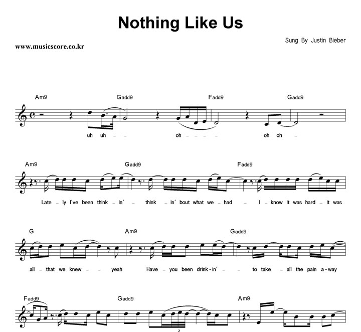 저스틴 비버 Nothing Like Us 악보 업데이트 : 네이버 블로그