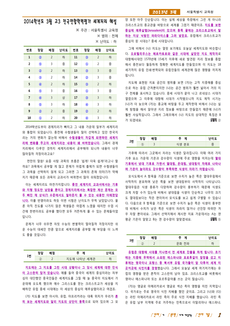 2014학년도 3월 고3 전국연합학력평가 세계지리모의고사 정답과 해설 정리 네이버 블로그