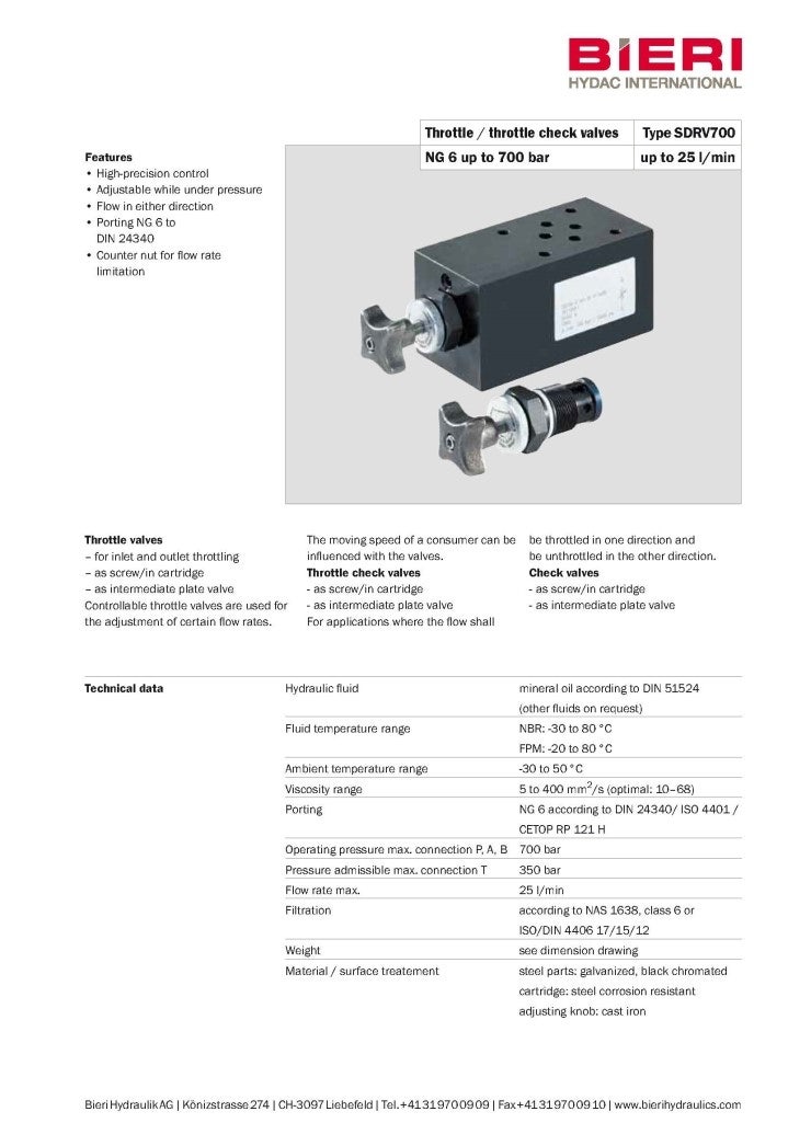 비에리 BIERI 스로틀 체크 밸브 SDRV700 시리즈 (THROTTLE CHECK VALVE SDRV700 SERIES ...