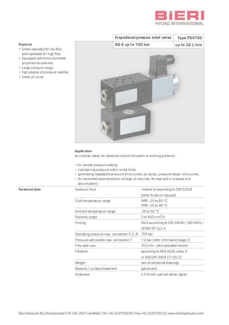 비에리 BIERI 프로포셔널 프레셔 릴리프 밸브 PDV700 시리즈 (PROPORTIONAL PRESSURE RELIEF ...