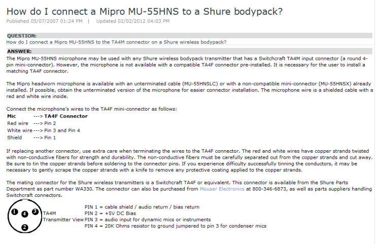 Mipro -> Shure connect TA4F : 네이버 블로그