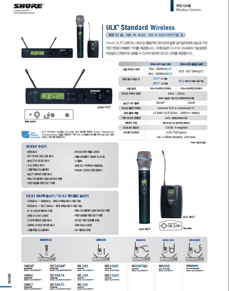 SHURE 무선 ULX-S 시스템 / 슈어 고급 무선 마이크 시스템 / 슈어 ULXS 무선 마이크 / 900MHz 무선 마이크 ...