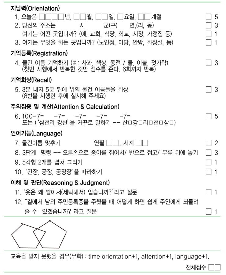 MMSE-K로 치매 판정하기 : 네이버 블로그