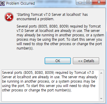 [Eclipse / Tomcat ] Several ports required by Tomcat v7.0 Server at localhost are already in use ...