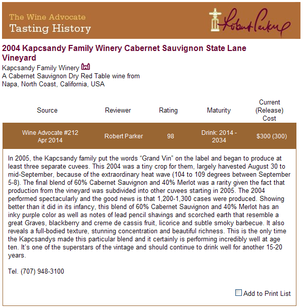 Kapcsandy Family Winery Cabernet Sauvignon State Lane Vineyard 2004 ...