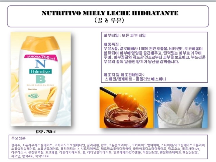 우유and꿀 알로에베라 100 천연추출물 비타민e 토코페롤이 함유된 건조한 피부에 도움을 주는 팜올리브 바디워시 Miel Y