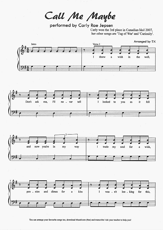 [피아노악보]Carly Rae Jepsen - Call Me Maybe 피아노악보/듣기/가사 : 네이버 블로그