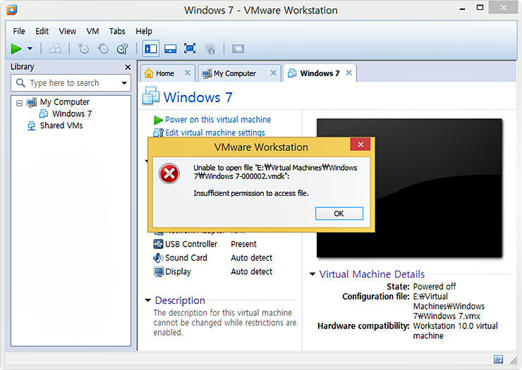 [VMware] "Unable to open file ... Insufficent permission to access file ...