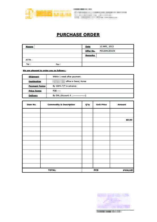 Purchase order 작성 / P/O sample 양식 / 구매발주서 영문 : 네이버 블로그