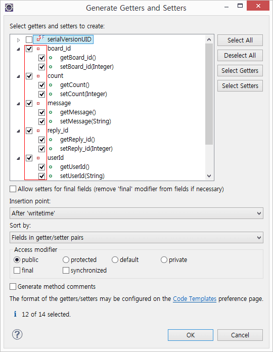 이클립스 자동완성 기능 - getter setter 메서드 생성 : 네이버 블로그