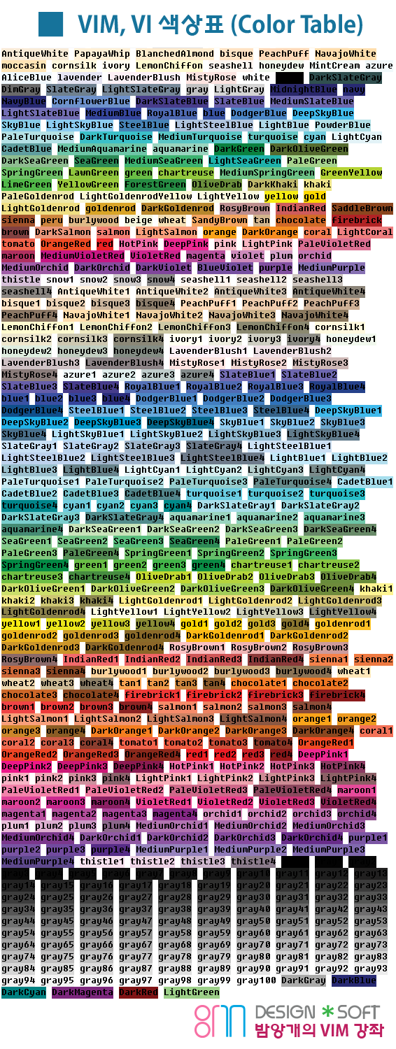 밤앙개의 vim 강좌 19 - 색상 테마 변경, 색상 변경, 컬러스킴, 색상 파일 위치, vi 색상표 - :colorscheme ...