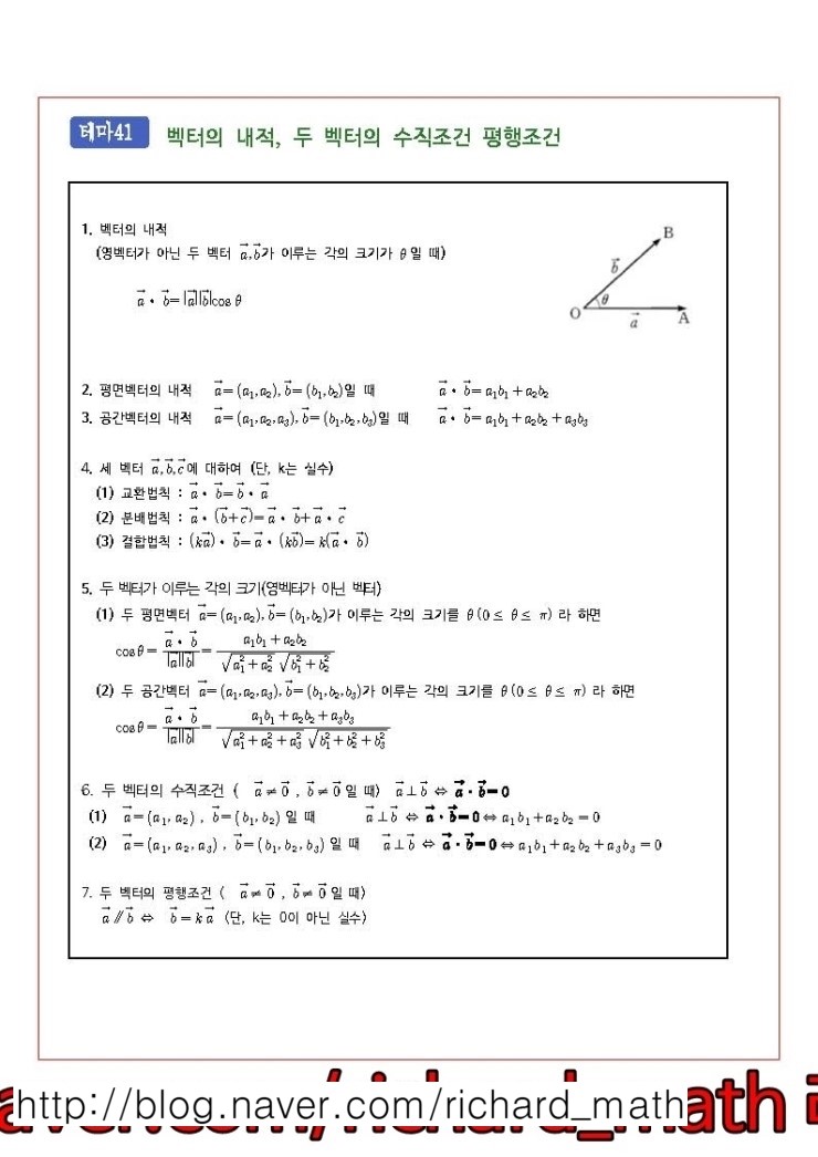 수능수학공식 끝판왕 이과편 테마41 벡터의 내적 두 벡터의 수직조건 평행조건 네이버 블로그