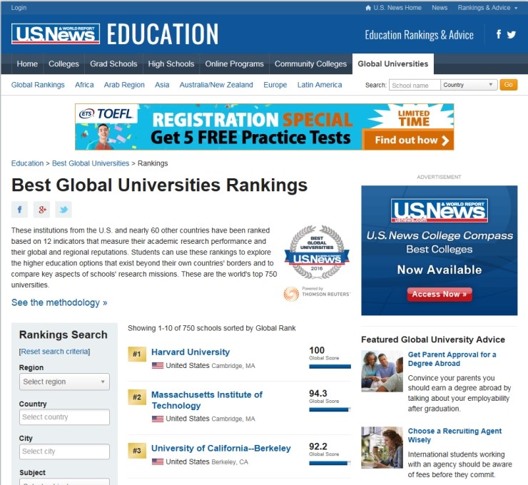 US뉴스는 2016 세계대학 순위(2016 Best Global Universities Rankings) 발표 : 네이버 블로그
