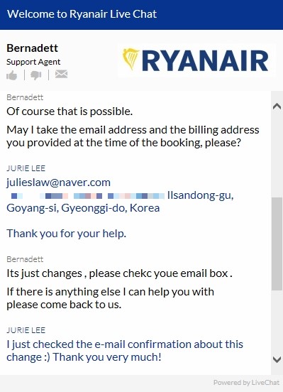 [D-76] 아일랜드 항공권, 라이언에어 시간 변경 (Ryanair Live Chat) : 네이버 블로그