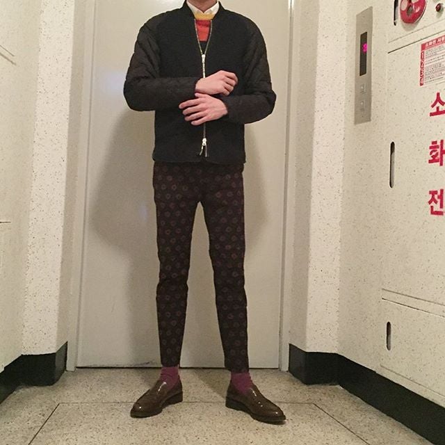 데일리룩 603 남자 패션 블로그 마성훈 퀼팅 블루종무지개 떡 니트패턴이 들어갔네 팬츠페니로퍼 네이버 블로그
