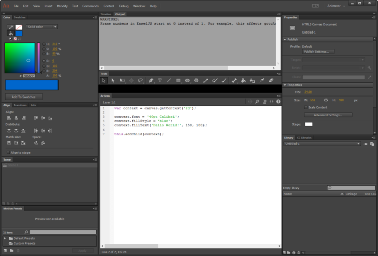 [맨땅코딩] Animate CC로 HTML5 Canvas에 헬로월드 Text 찍기 : 네이버 블로그