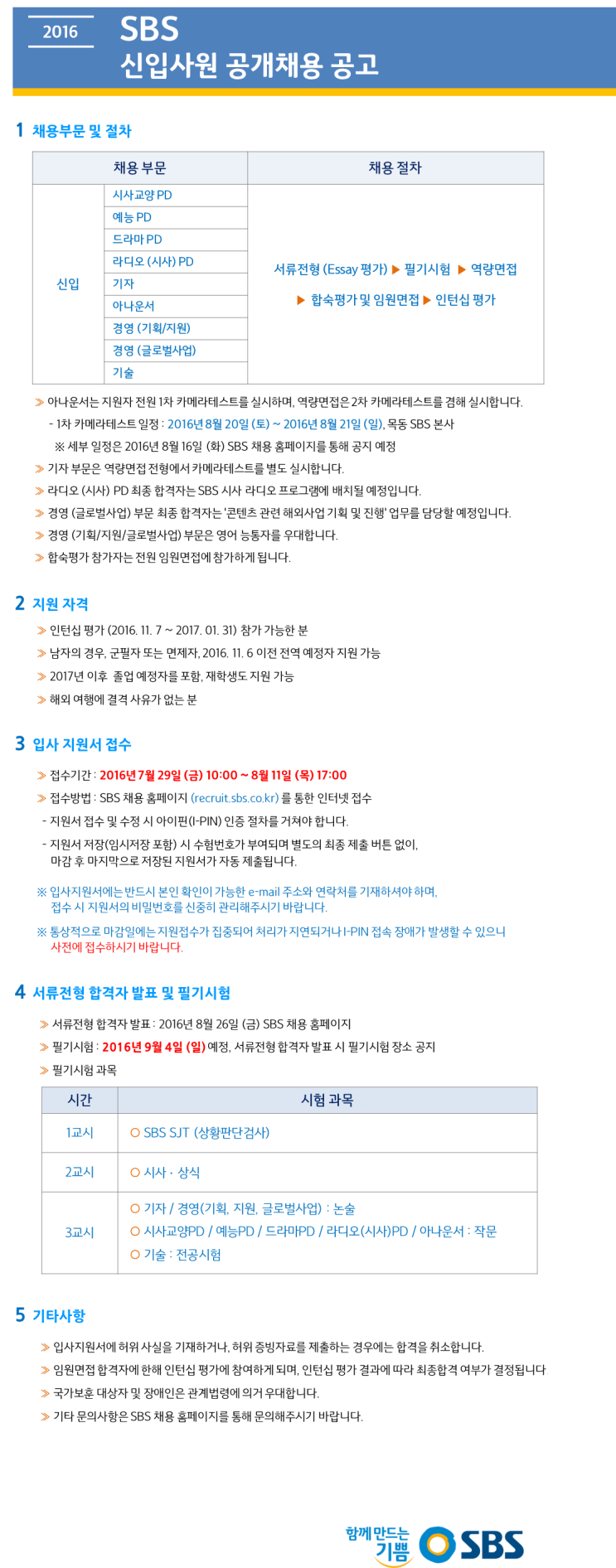 2016년 SBS PD 공채(언론고시 공채) 공고 바로가기 : 네이버 블로그