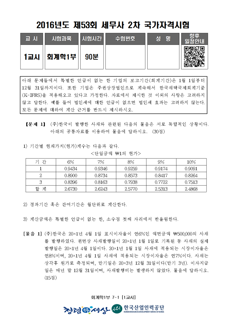 2016년도 제53회 세무사 2차 기출문제 회계학1부 및 재무회계 해설 네이버 블로그