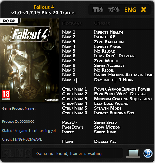 폴아웃 4 트레이너 - Fallout 4 v1.0-v1.7.19 +20 Trainer [FLiNG] : 네이버 블로그