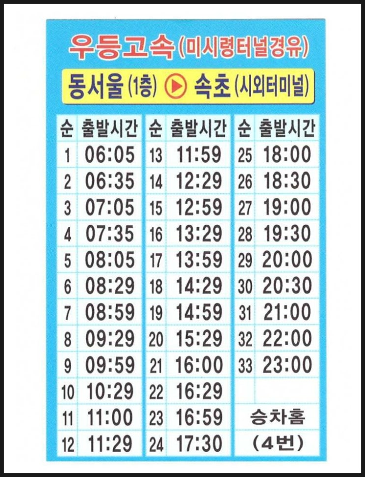 동서울 터미널에서 속초 가는 첫차는 06시 05분에 있으며 미시령터널을 지나면서 우측 창가에서 울산바위 볼 수 있습니다