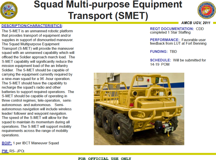 미육군, '분대용 다목적 장비 수송(SMET)' 무인차량(UGV) 조기획득 추진 : 네이버 블로그