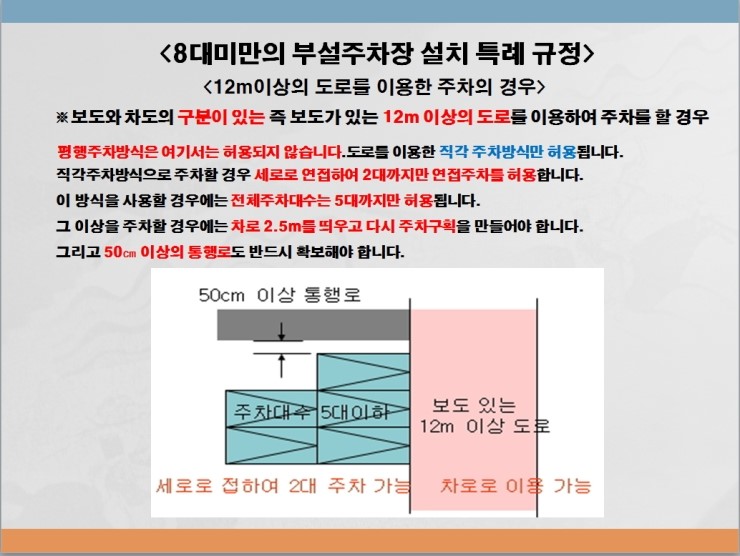 8대미만의 부설주차장 설치 특례 규정 8대미만의 부설주차장 설치 특례 규정 중의 12m이상의 도로를 이용한 주차의 경우입니다