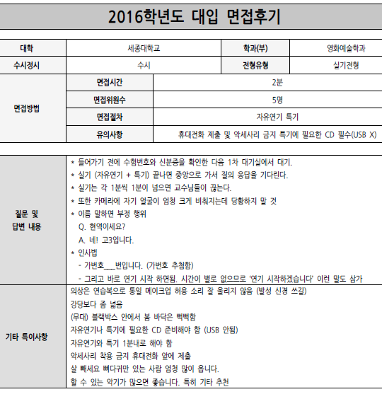 수시장인 2016 세종대 면접사례 면접후기 면접기출 면접문항 네이버 블로그