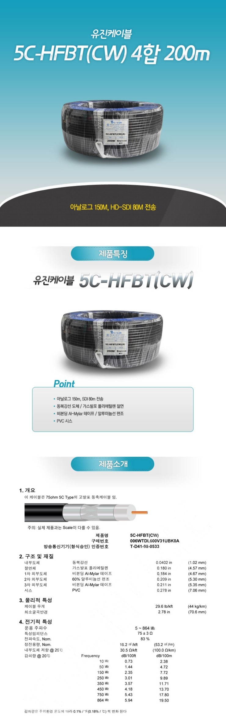 [유진통신공업] 5C-HFBT(CW) (A) CCTV 동축케이블 검정 4합 ADT캡스 납품 제품 / CCTV판매 CCTV안내판 CCTV케이블 CCTV모니터 CCTV 카메라 ...