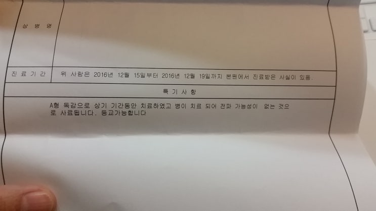 A형 독감 격리기간 5일후 학교결석 등교시 완치확인서 네이버 블로그