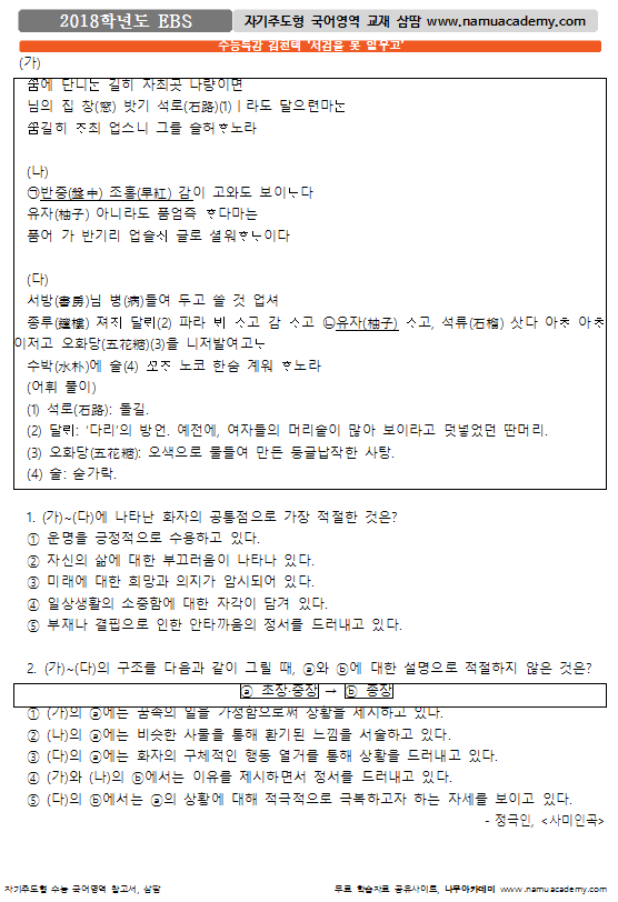 2018학년도 수능 국어영역 Ebs 수능특강 김수장 서방님 병 들여 두고 문학 변형문제 해석 정리 서로이웃 정답 해설 탑재 국어