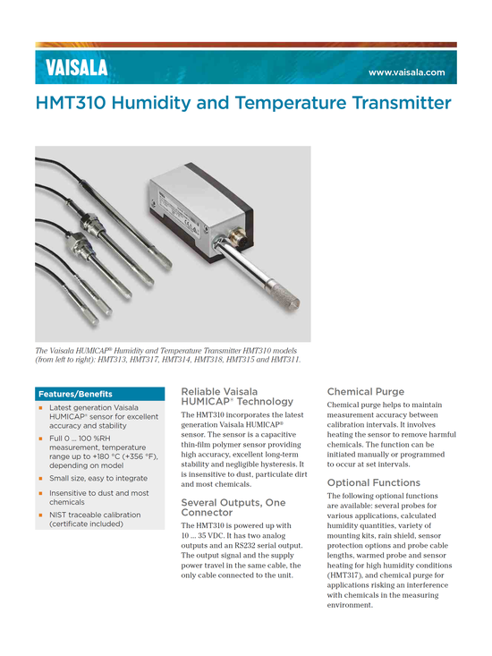 바이살라(VAISALA) / (주)파인웨더 / 산업용 온도습도센서, 온습도계 자료 / Vaisala HMT310 Humidity ...