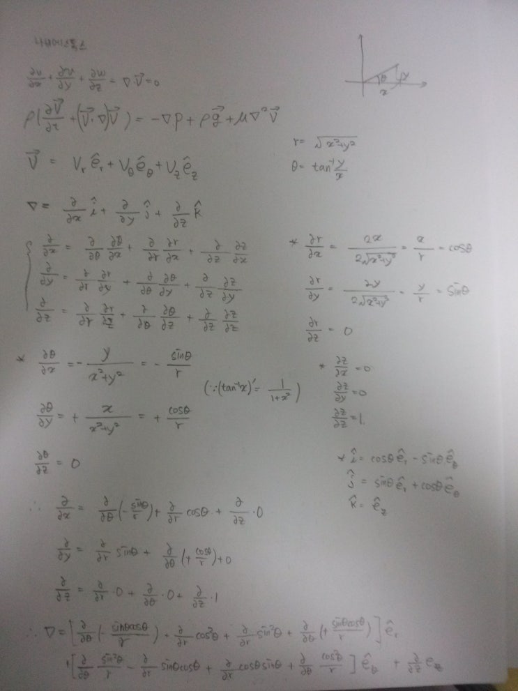 나비에 스톡스 직교좌표계에서 원통좌표계로 변환(Navier-stokes Cartesian coordinate ...