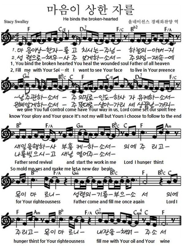 한글 영어 찬양ccm 악보 마음이 상한 자를he Binds The Broken Hearted F키 네이버 블로그