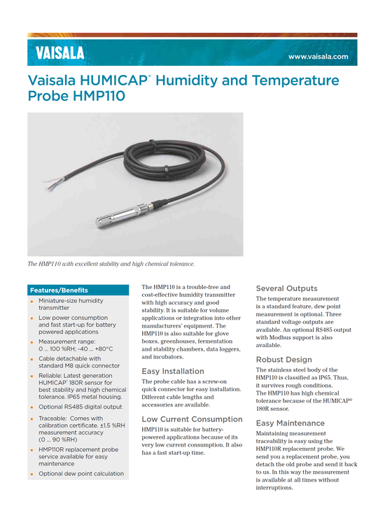 바이살라 온습도센서, 온습도계 자료 Vaisala HUMICAP® Humidity and Temperature Probe ...