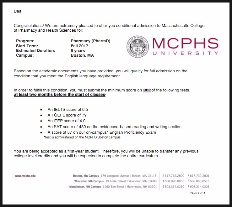 2017년 미국 MCPHS University 약대 합격 및 장학금! : 네이버 블로그