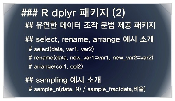 # 88 ] R기초 dplyr 패키지(2) select, rename, arrange, sample_n , sample_frac ...