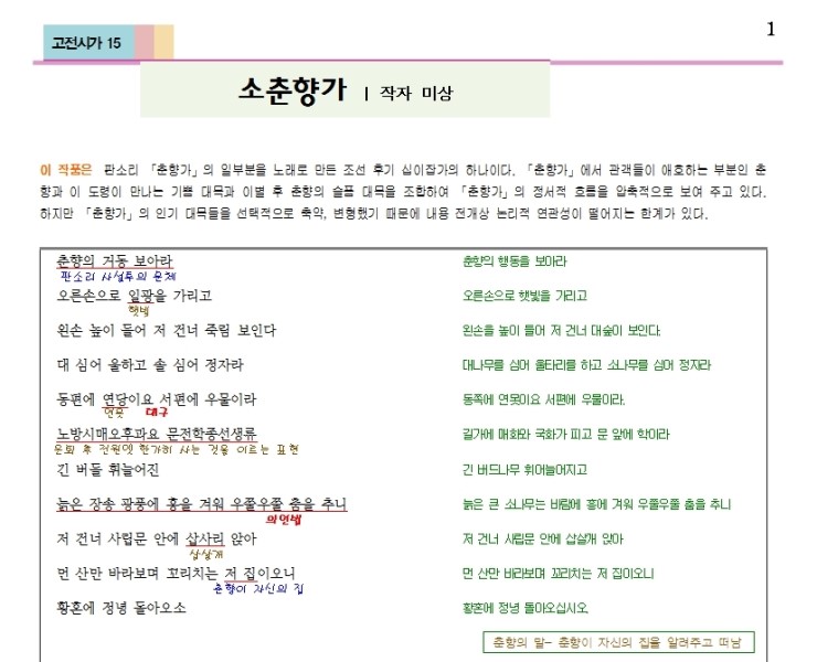 의정부 국어학원 작자미상 소춘향가 해설 2018학년도 수특 고전시가15 완두콩 김두환 네이버 블로그