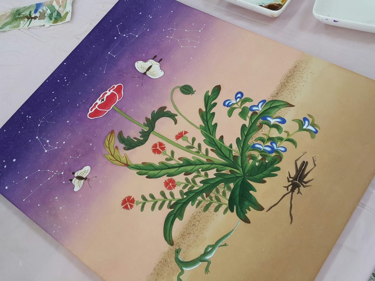 부산 민화 배우기 신사임당 초충도 어숭이와 개구리 양귀비와 도마뱀 채색화배우기 부산한국화화실 한국화배우기