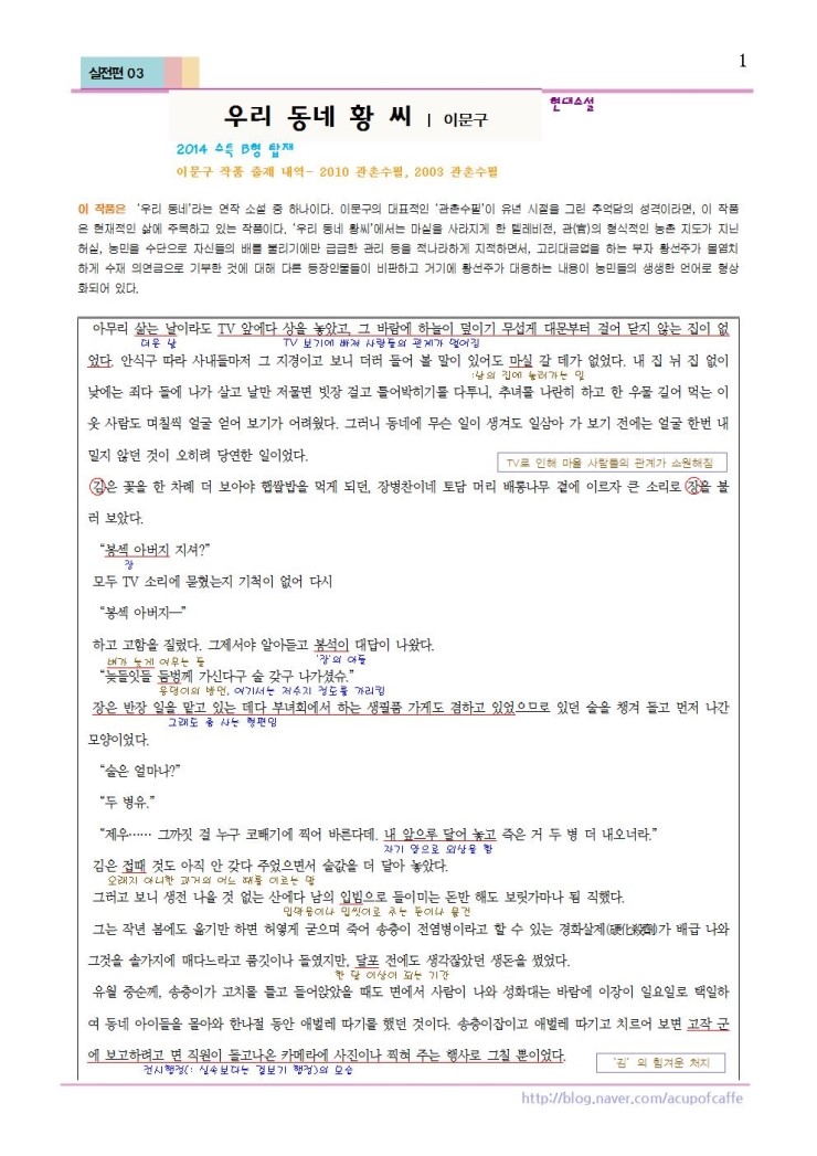 의정부 국어학원 이문구 우리 동네 황 씨 해설 2018학년도 수완 실전3 완두콩 김두환 네이버 블로그