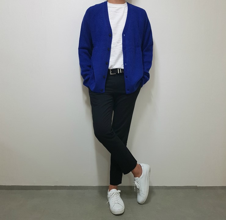 코발트블루 남자 가디건 코디긴팔티벨트슬랙스커먼프로젝트 아킬레스 유뱅의 데일리룩 블로그 네이버 블로그