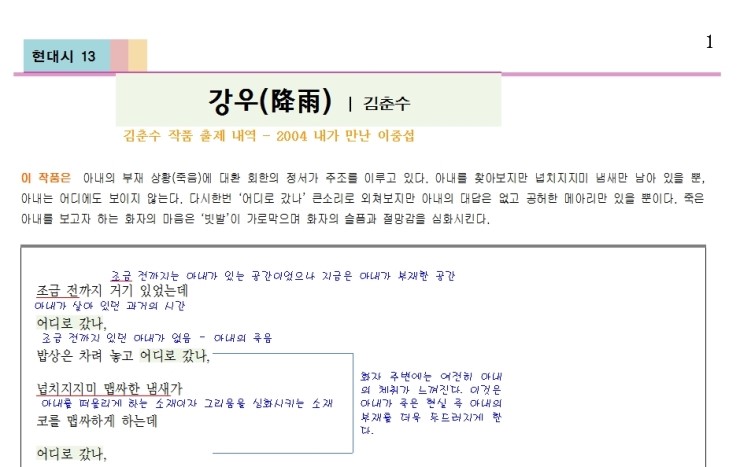 의정부 국어학원 김춘수 강우 해설 2018학년도 수능특강 현대시13 완두콩 김두환 네이버 블로그