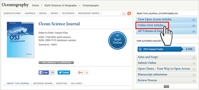 [소식] Ocean Science Journal 'Online First Article' 안내 : 네이버 블로그
